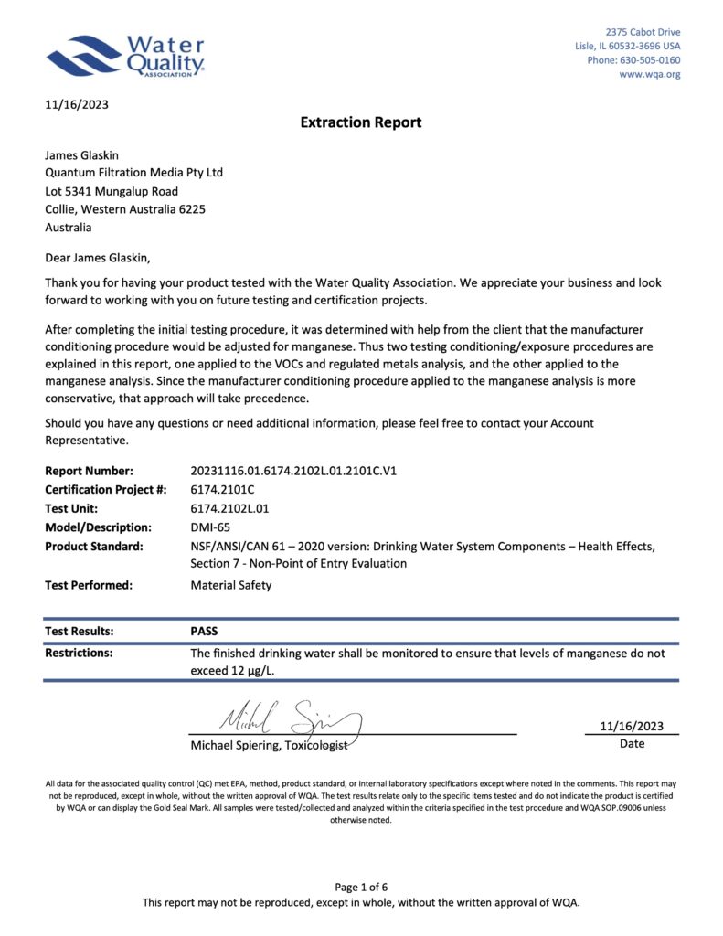 Certification & Water Quality, Filtration Media - DMI-65®